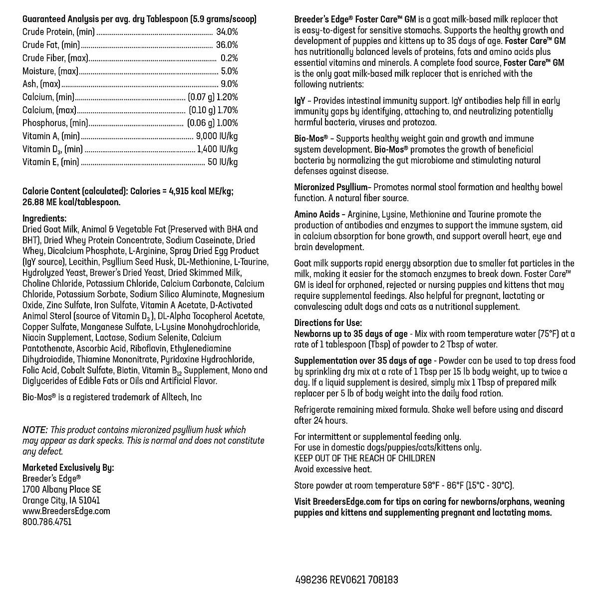 Breeder's Edge Foster Care GM - Goat Milk Based Powdered Milk Replacer - Puppies , Kittens , Cats & Dogs Formula - Easy Digestion - 1 lb