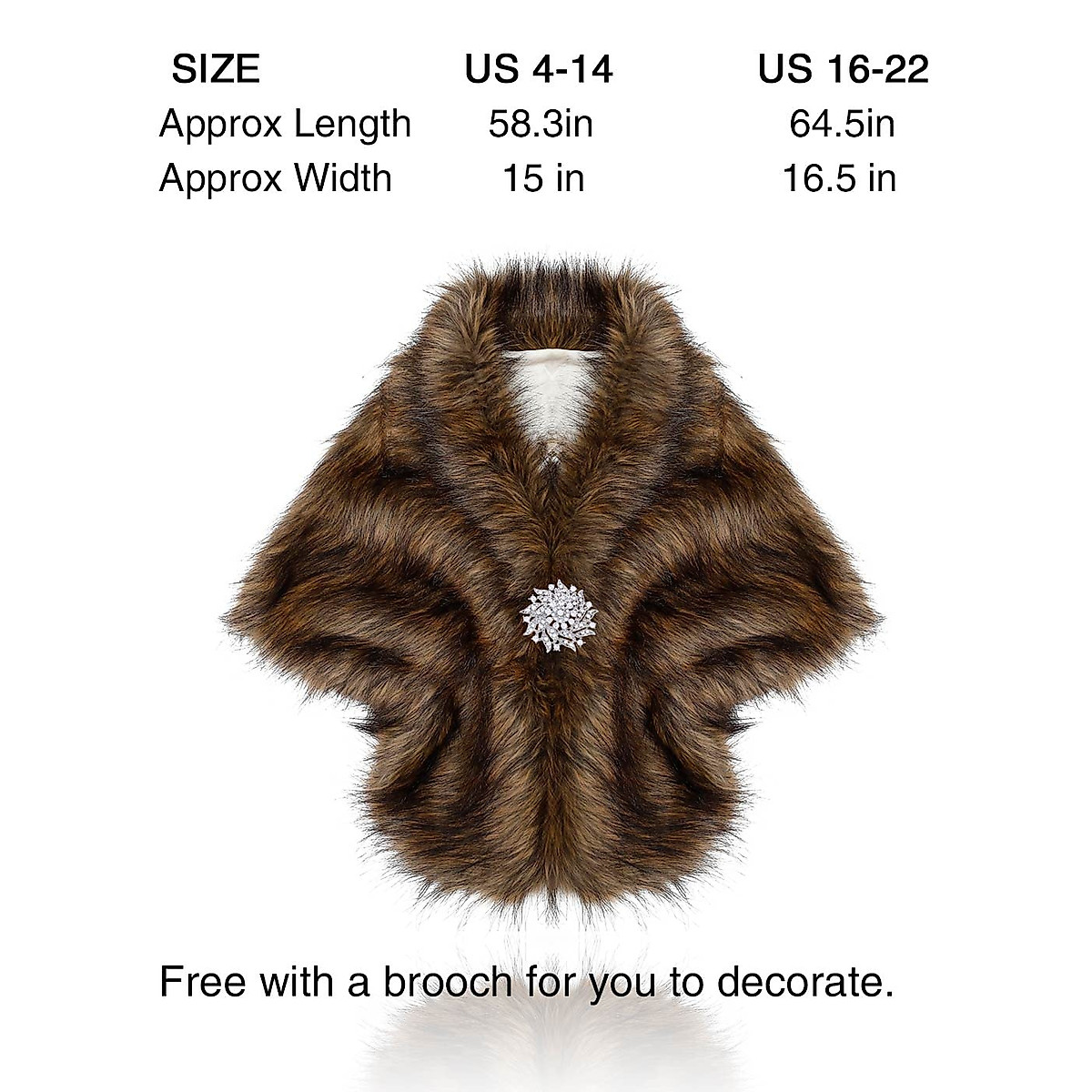 GORAIS Women's Wedding Faux Fur Shawls and Wraps Bridal Fur Scarf Stoles with Brooch for Bride and Bridesmaids (US 4-14(S-M), A Brown)