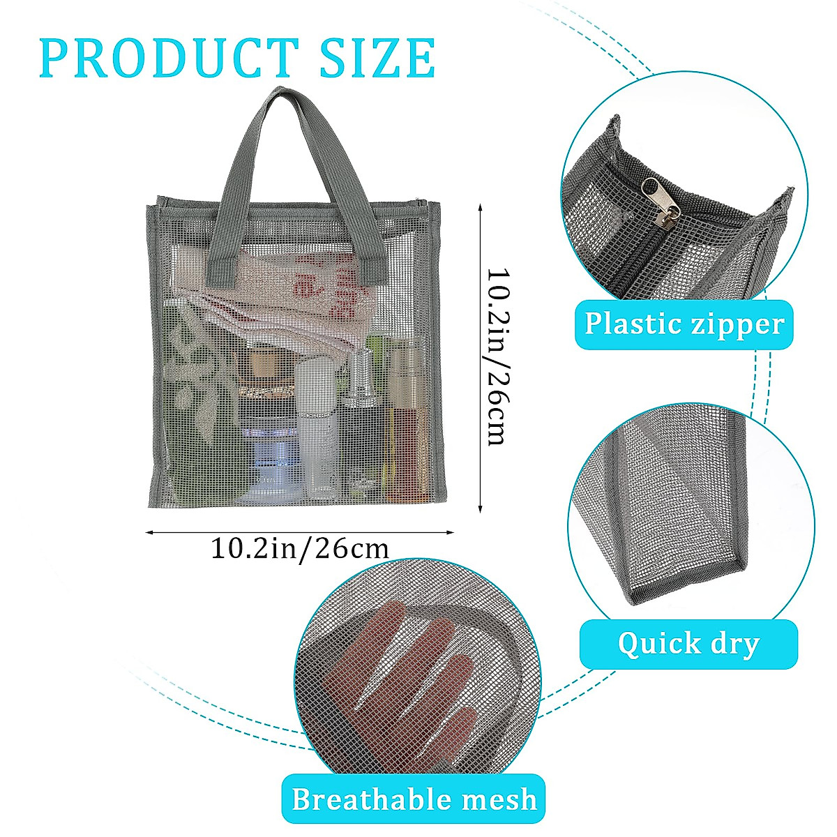 Mozeat Lens Mesh Shower Bag Grey Portable Mesh Shower Caddy Quick-Dry Tote Bag Dorm Toiletry Organizer Gym Shower Mesh Bag for Gym Travel Camping College Dorm Room Bathroom