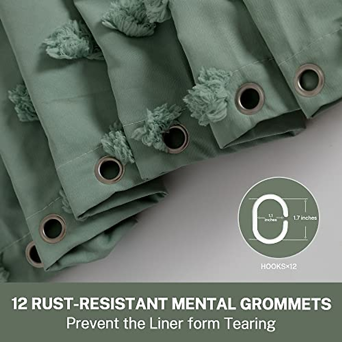 Siiluminisoy Green Boho Shower Curtain Woven Fabric Cute Shower Curtain, 72 x 72 Tufted Pleat Floral Textured Modern Farmhouse Minimalist Shower Curtain Set with Hooks for Bathroom