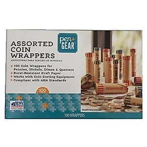 Assorted Coin Wrappers, 100 Preformed Quarters, Dimes, Nickels, Pennies