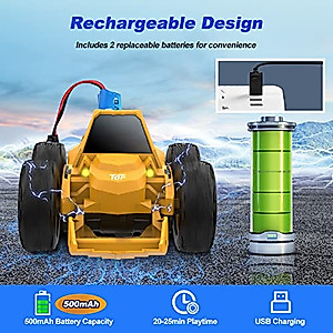 KATTUN Remote Control Car, 360° Flip and Rotation RC Bulldozer Toy, 2.4Ghz Stunt Car with Headlights, 2 Rechargeable Batteries, RC Construction Vehicles Toy Birthday Gift for Boys and Girls