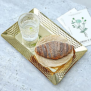 Koluti 12 Inch Gold Rectangle Decorative Tray, Brass Tone Hammered Nightstand Accessory Dresser Serving Plate, Counter Perfume Jewelry Makeup Organizer Storage, Stainless Steel
