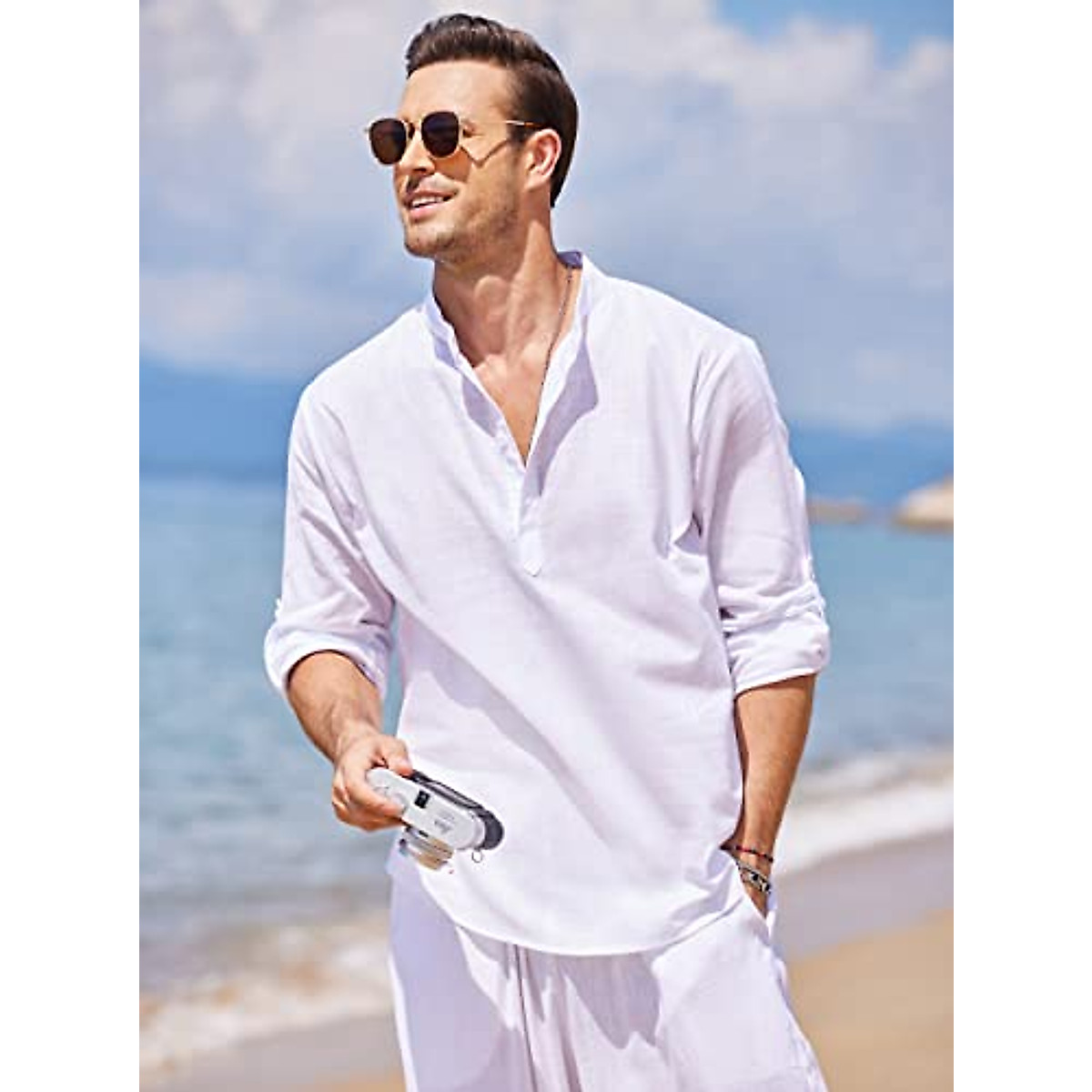 COOFANDY Men's Cotton Linen Henley Shirt Long Sleeve Hippie Casual Beach T Shirts White