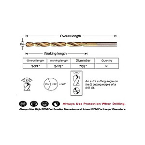 DRILLFORCE HSS Jobber Length 10 PCS,7/32" x 3-3/4"Titanium Coated Twist Drill Bits, Metal Drill, Ideal for Drilling on mild Steel, Copper, Aluminum, Zinc Alloy etc. Pack in Plastic Bag (7/32)