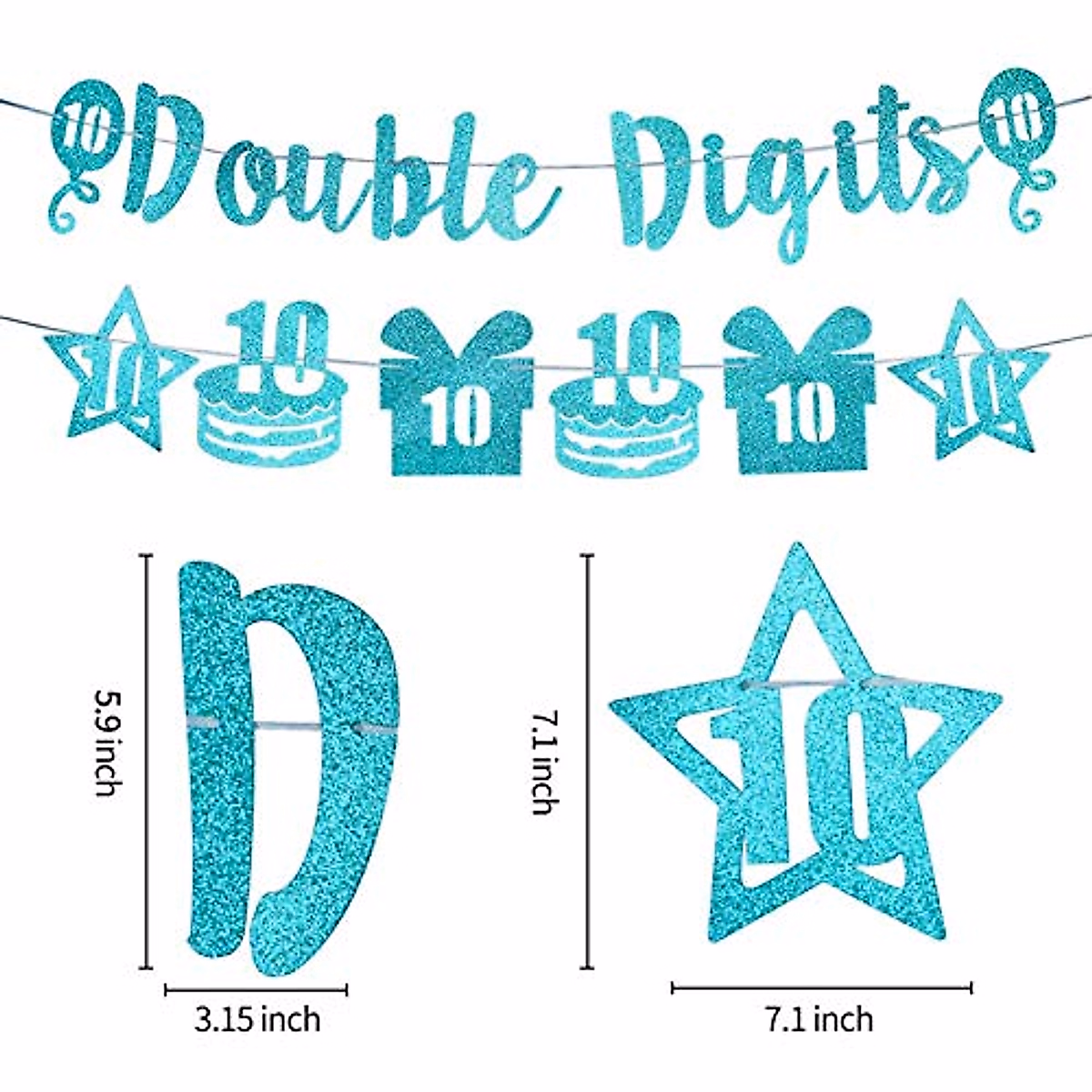 Excelloon Double Digits Banner 10th Birthday Decorations - Green Glitter Ten Years Old Birthday Banner Cake Gift Star Decorations - Happy 10 Year Old Birthday Party Supplies