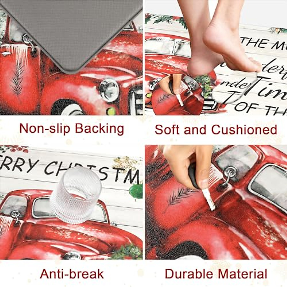 Ileading Red Truck Xmas Tree Kitchen Rugs and Mats Set of 2 Merry Christmas Anti Fatigue Kitchen Floor Mat Farmhouse Wood Grain Comfort Standing Mat Waterproof Kitchen Sink Mat for Floor Kitchen Home
