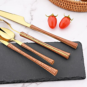 BRIIEC 24-Piece Wood Silverware Flatware Set Stainless Steel Cutlery Service for 6, Including Fork Spoon Knife Tableware, Mirror Polished,Wooden Handle with Gold Mouth