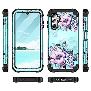 Casetego for Galaxy A14 5G Case,[2 Pack Tempered Screen Protector+2 Pack Camera Lens Protector],Floral Three Layer Heavy Duty Sturdy Shockproof Full Body Protective Case for Samsung A14,Blue Flower