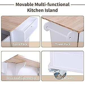 MAISON ARTS Storage Kitchen Island on Wheels with Drop Leaf Rolling Kitchen Cart with 2 Doors & 3 Drawers Rubber Wood Countertop, White