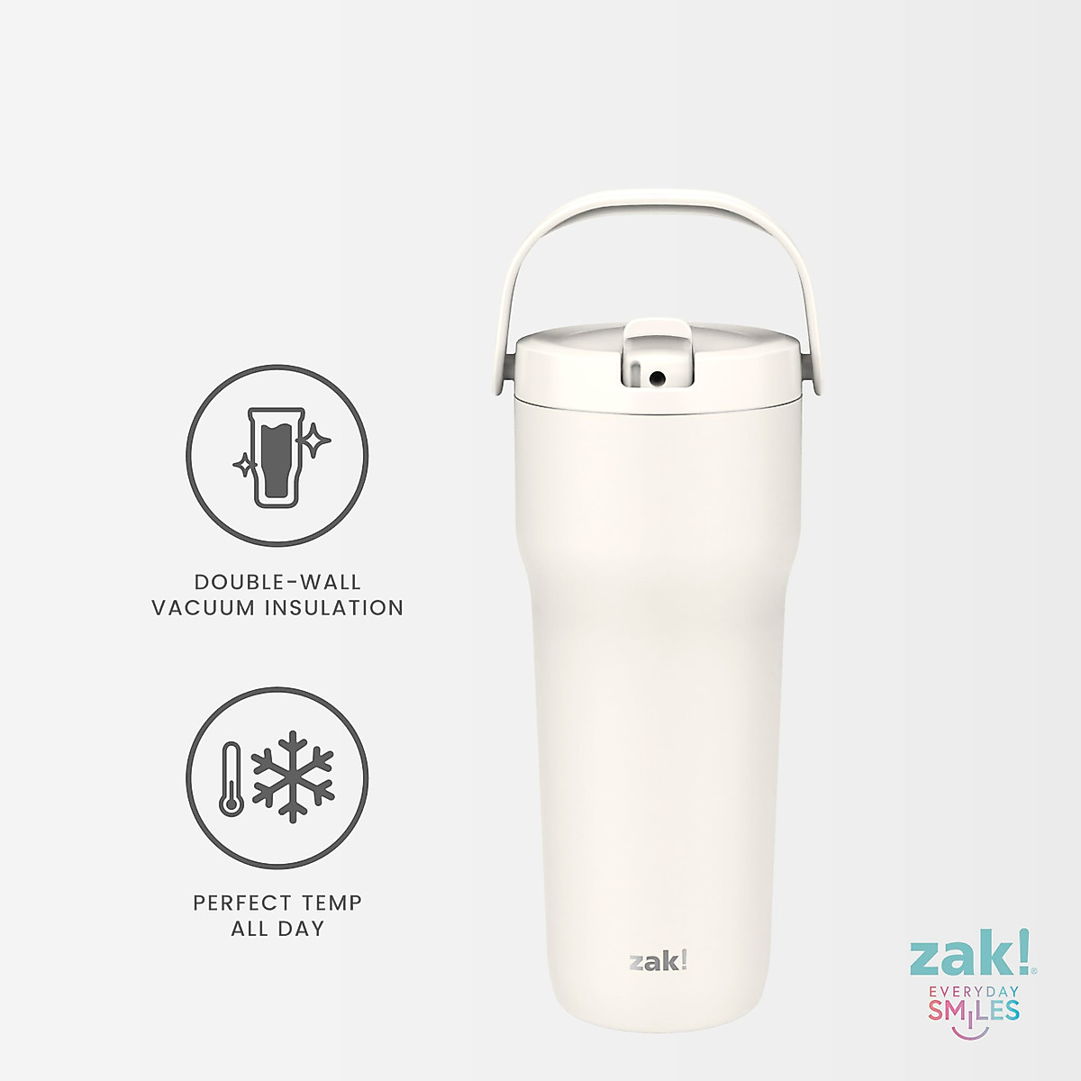 Zak Designs Sutton Travel Tumbler for On the Go, 30oz Stainless Steel with Vacuum Insulation, Straw Spout, Carry Handle for Cold Drinks (Vanilla Yellow)