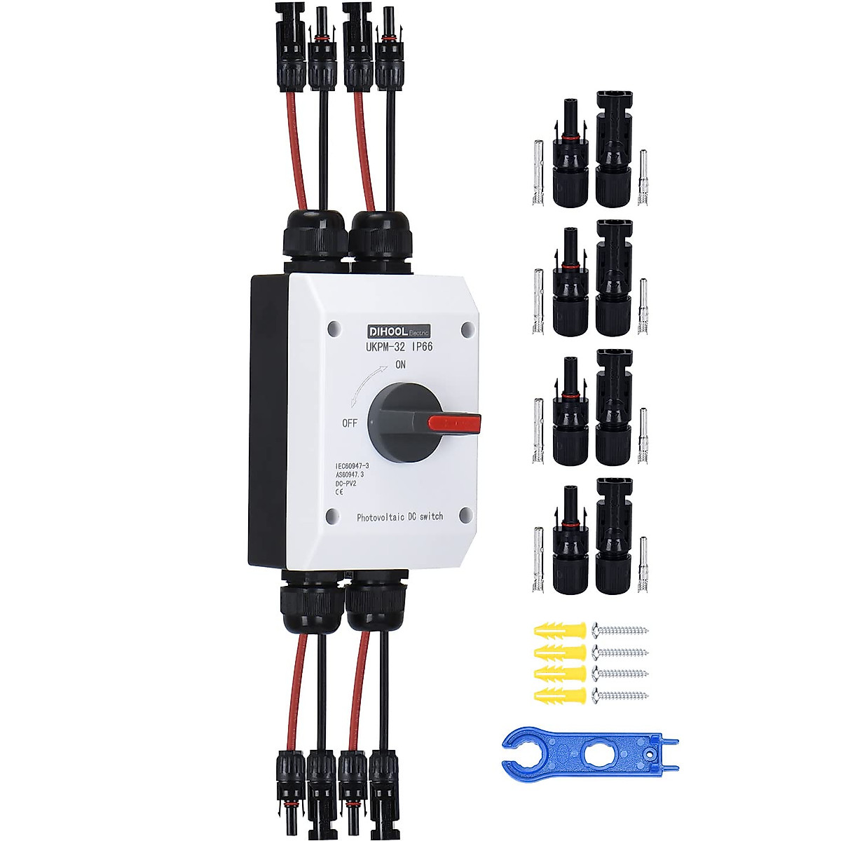 DIHOOL Solar Panel Disconnect Switch, 2x32 Amp 2 String DC 1200V 2 in 2 Out, IP66 PV Combiner Box