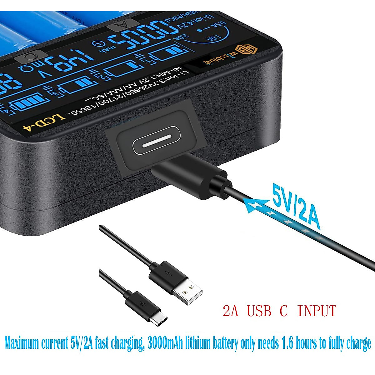 WISSBLUE 18650 Battery Charger, LCD Screen Can Display Capacity, Adjustable 2A 18650 Charger, Suitable for 26650 21700 18350 17500 14500 18650,NiMH NiCd AAA AA