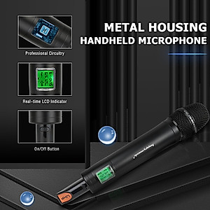 happymusic Professional UHF Wireless Microphone System, 2 Channel Metal Microphone Set of 2 Handheld Cordless Mics, Auto Scan, Up to 350ft for Singing, Home Karaoke, Church, Wedding (UT22)