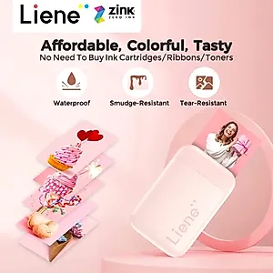 Liene Photo Printer, 2x3 Mini Instant Portable Instant Printer w/ 50 Zink Adhesive Paper, Bluetooth 5.0, Compatible w/iOS & Android, Small Photo Printer for iPhone, Smartphones, Pink