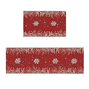 Christmas 2Pcs Kitchen Rugs, Anti Fatigue Kitchen Mat Non Slip Rug Runner Comfort Standing Floor Mats Kitchen Carpet Set for Sink, Laundry - Christmas Snowflakes with Plants Red Texture