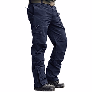 CRYSULLY Mens Military Tactical Pants Multi Pockets Cotton Combat Work Safari Ripstop Pant with Zipper Navy Blue 32