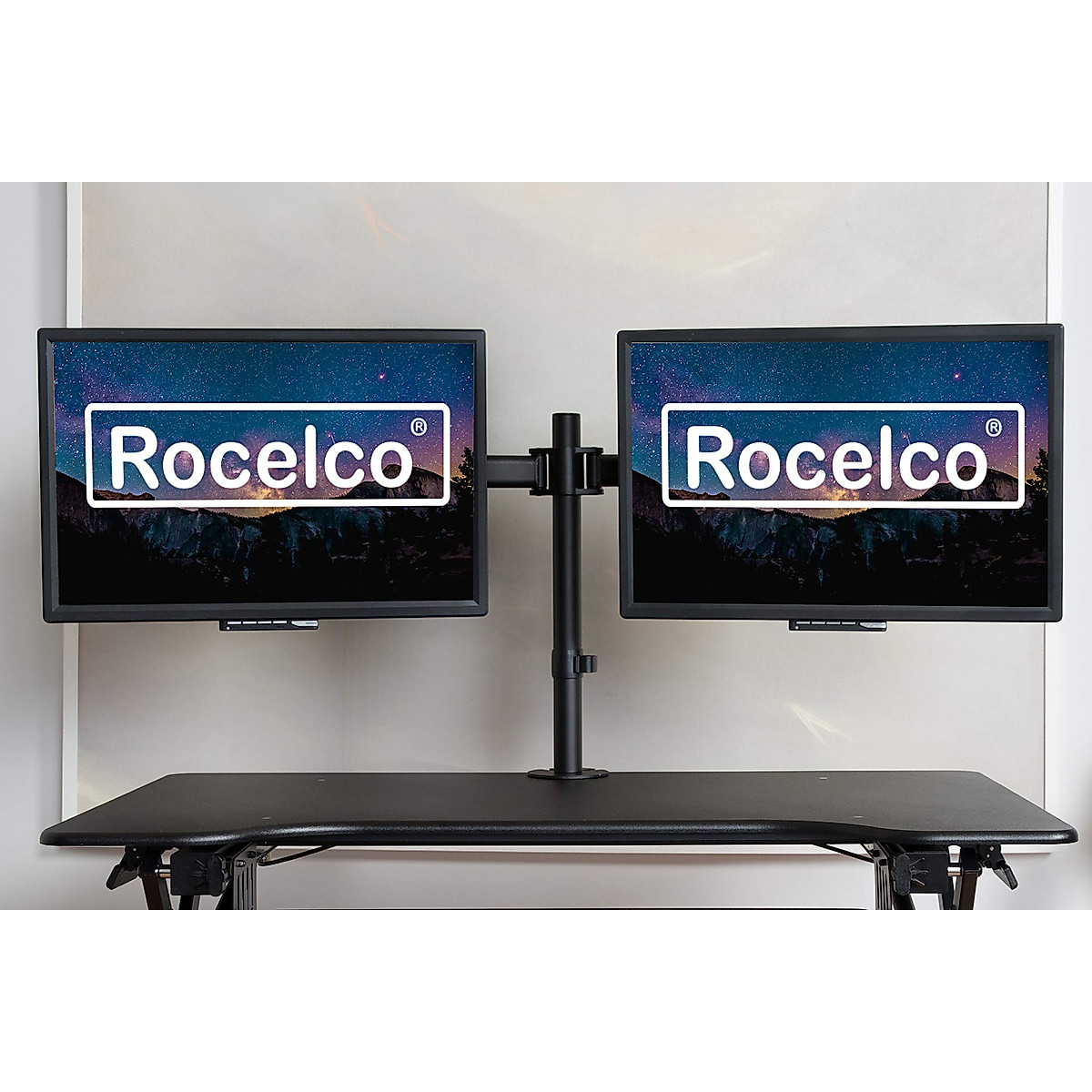 Rocelco Premium Desk Computer Monitor Mount - Standard Pattern Fits 13" - 27" LED LCD Dual Flat Screen - Double Articulated Full Motion Adjustable Arm - Grommet and C Clamp - Black (R DM2)