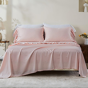Simple&Opulence 100% Organic Cotton Sheet Set, Long Ruffle Bed Sheets (1 Flat Sheet, 1 Fitted Sheet and 1 Pillowcase) Elegant Shabby Chic Bedding Farmhouse Charming Vintage - Pink, Twin