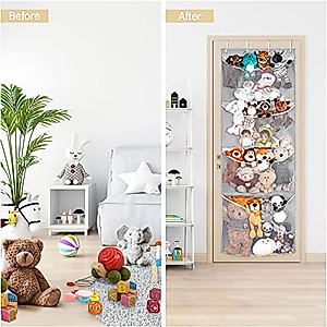 Hanging Stuffed Animal Storage, Over The Door Large Plush Toy Organizer with Metal Hook, Baby Accessories Holder Idea for Nursery, Doll & Teddy Bear Mesh Hammock Bag for Girls Boys Kids Room