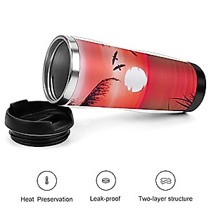 Oyihfvs Tropical Palm Tree Bird Sun Stainless Steel Water Bottle, Leak-Proof Hot Cold Insulated Travel Mug, Double Walled with Handle Thermo Cup Bottle 13 Oz