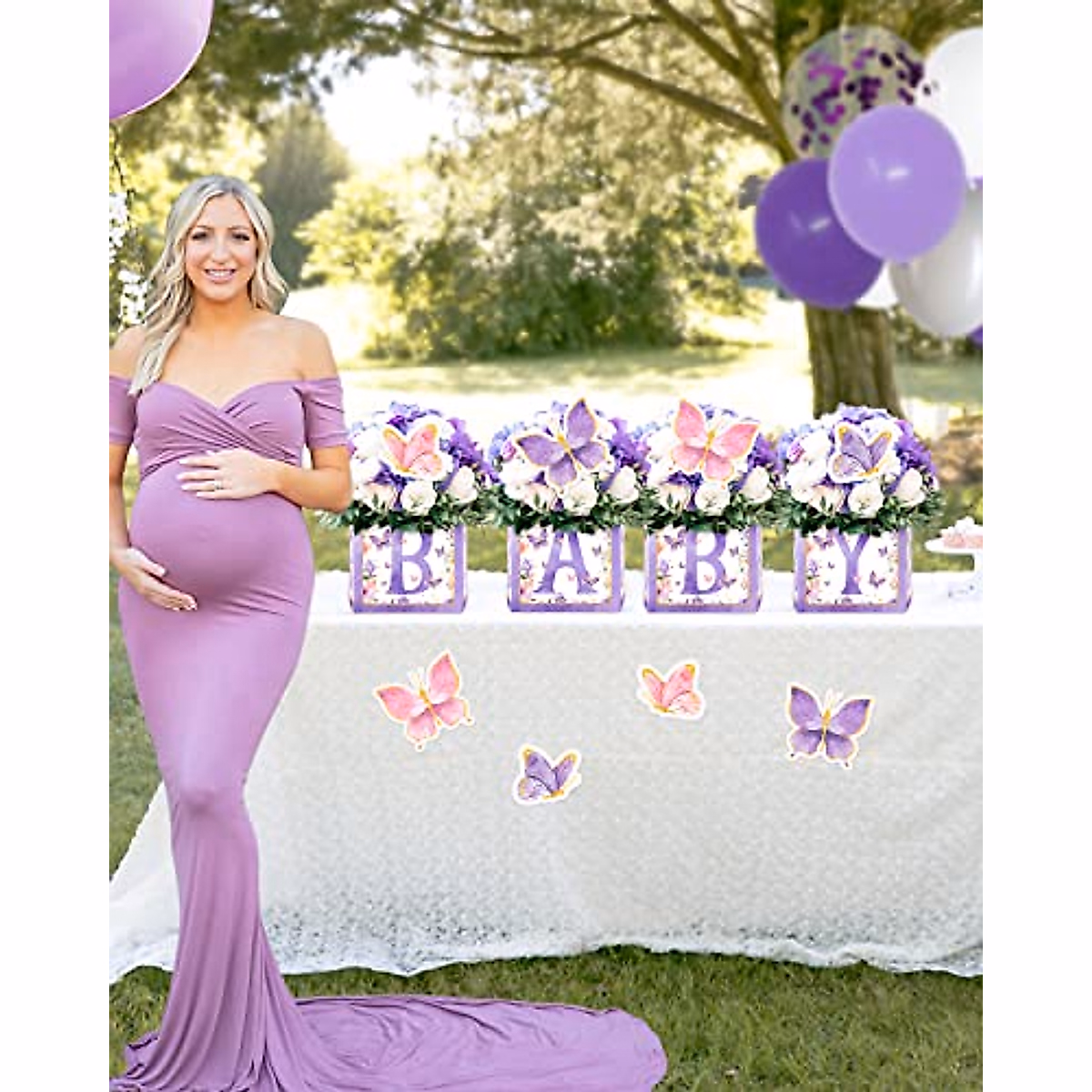 Levfla Purple Butterfly Baby Centerpiece Boxes with Butterfly Cutouts, Party Floral Arrangement, Baby Shower Table Decoration without Flowers, Set of 4 Blocks & 8 PCS Butterfly Cardstocks