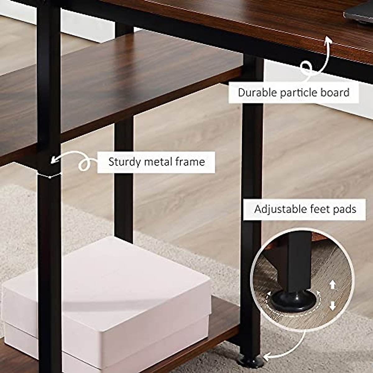 HOMCOM 5 Tier Versatile L-Shaped Computer Desk, Writing Table with Display Shelves and Metal Frame, Space-Saving for Study, Home Office, Walnut