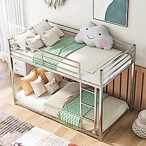 Heavy Duty Metal Twin Over Twin Low Bunk Bed for Bedroom, Small Living Space, Bunk Bed with Ladder and Full-Length Guardrail,Space-Saving Design,Low Bunk Bed for Boys and Girls Adults Teens (Silver)