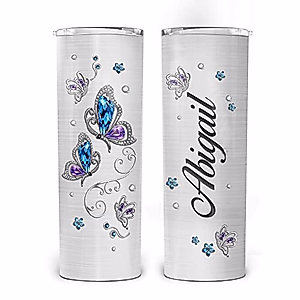 Wassmin Personalized Butterfly Skinny Tumbler Customized Stainless Steel Vacuum Insulated Tumbler With Lid 20 Oz Double Walled Insulated Coffee Cup for Gym Fitness Travel Office Use For Women