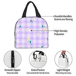 Plumeria Purple Lilac Violet Flower On Purple Plaid Lunch Box Bento Box Insulated Lunch Boxes Reusable Waterproof Lunch Bag With Front Pocket For School Office Picnic