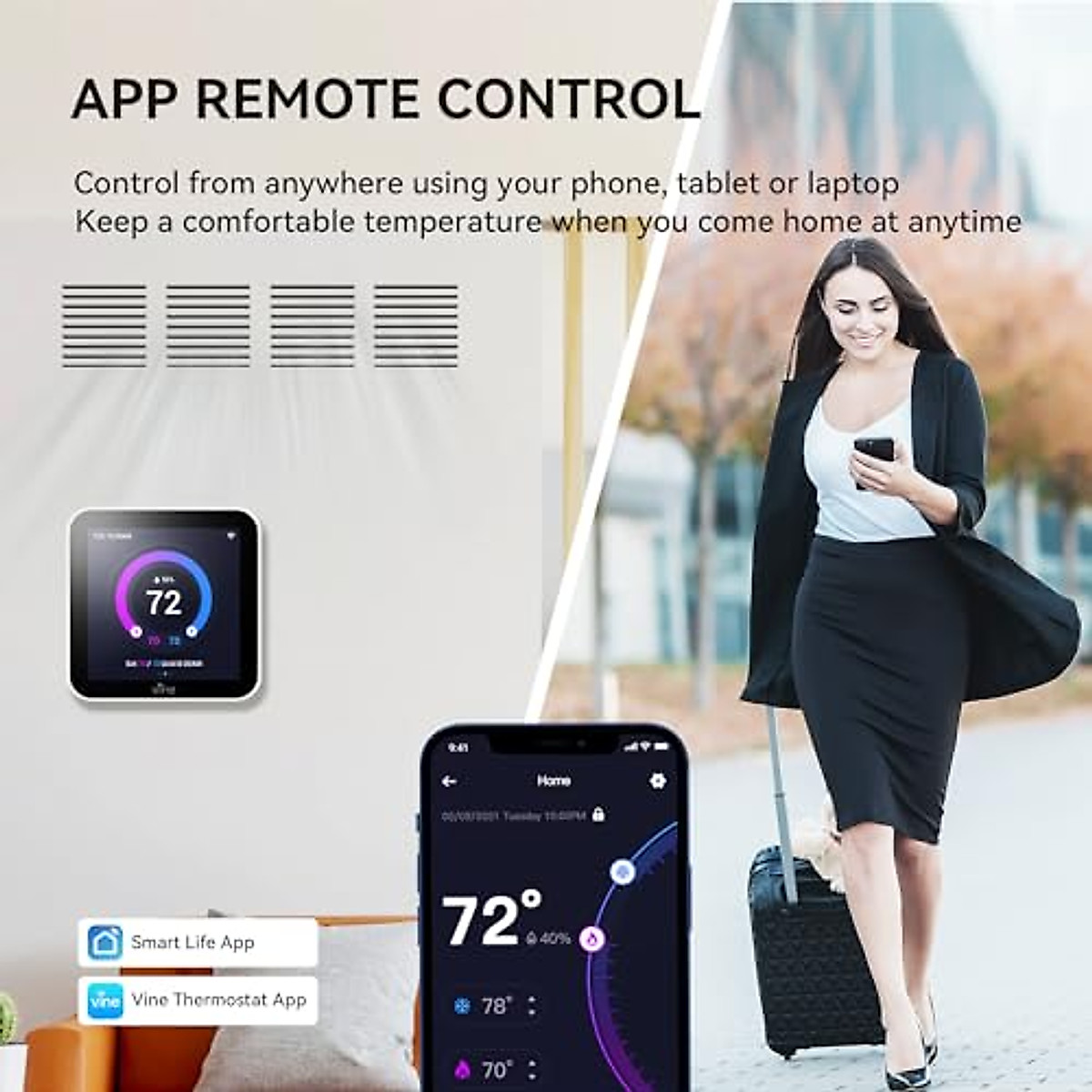 vine Smart Thermostat Larger Color Screen Thermostats for Home Heat and AC, 7 Day Programmable WiFi Thermostat App Control Compatible with Alexa and Google Assistant, C-Wire Required