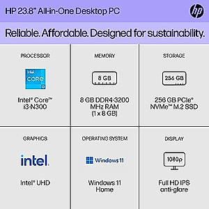 HP 23.8 inch All-in-One Desktop PC, FHD Display, Intel Core i3-N300, 8 GB RAM, 256 GB SSD, Intel UHD Graphics, Windows 11 Home, 24-cr0030 (2023), Shell White