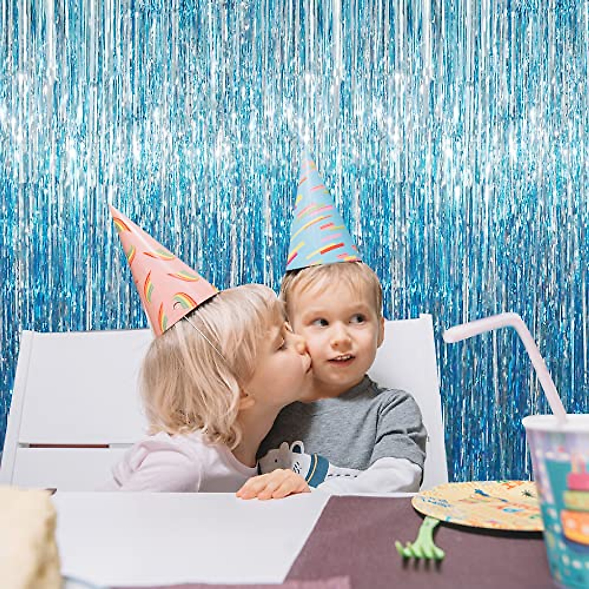 GOER 3.2 ft x 9.8 ft Metallic Tinsel Foil Fringe Curtains Party Photo Backdrop Party Streamers for Birthday,Graduation,New Year Eve Decorations Wedding Decor (Light Blue,5 pcs)