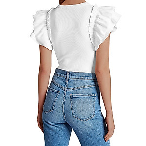 DOROSE Womens Summer Tops Sexy V Neck Casual Ruffle Short Sleeve Shirts Blouses White Medium