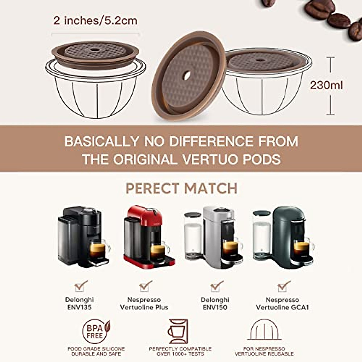 Reusable Coffee Capsule Lids for Original Nespresso Vertuoline Pods, Food Grade Silicone Caps for Refillable Nespresso Vertuo Pods with Scoop and Brush, 4 PCS(Brown)