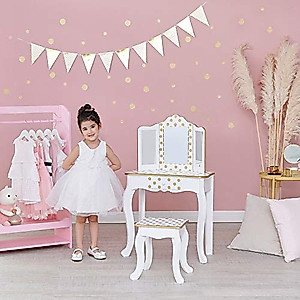 Fantasy Fields Teamson Kids Pretend Play Kids Vanity Table and Chair Vanity Set with LED Mirror Makeup Dressing Table with Drawer Fashion Polka Dot Prints Gisele Play Vanity Set White/Gold