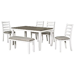 VilroCaz Rustic 6-Piece Dining Room Table Set, Counter Height Solid Wood Kitchen Dining Set with 4 Upholstered Chairs and Padded Bench, Kitchen Set for 6 (Brown-Whitewash)