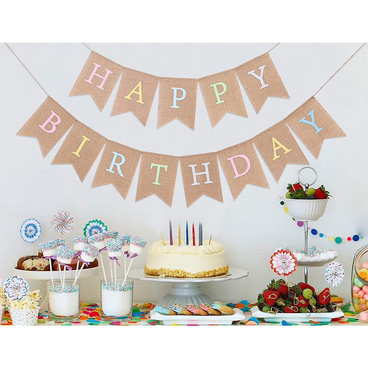 Rainbow Happy Birthday Burlap Banner - Happy Birthday Pastel Colors, Personalized Birthday Banner, 1st Birthday Rainbow Decorations,Photo Prop,Best Birthday Party Supplies (Rainbow Burlap Banner)