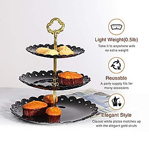 Black Round Plate 3 Tiered Serving Stand Tray Cake Stands Cupcake Holder Dessert Stand Table Decorations for Party Kids Birthday Tea Party Baby Shower