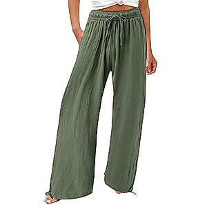 Linen Pants for Women Summer High Waisted Wide Leg Pants Casual Elastic Waist Palazzo Pants Boho Beach Pants with Pockets Drawstring Long Lounge Pant Comfy Loose Trousers Dressy Flowy Hiking Pants
