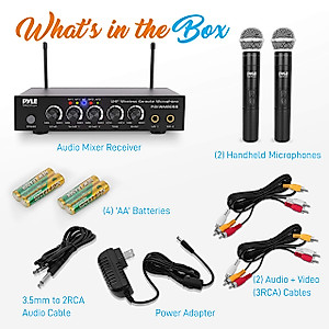 Pyle Portable UHF Wireless Microphone System - Battery Operated Dual Bluetooth Cordless Microphone Set, Includes 2 Handheld Transmitter Mic, Mixer Receiver, RCA, for PA Karaoke DJ Party PDKWM806B