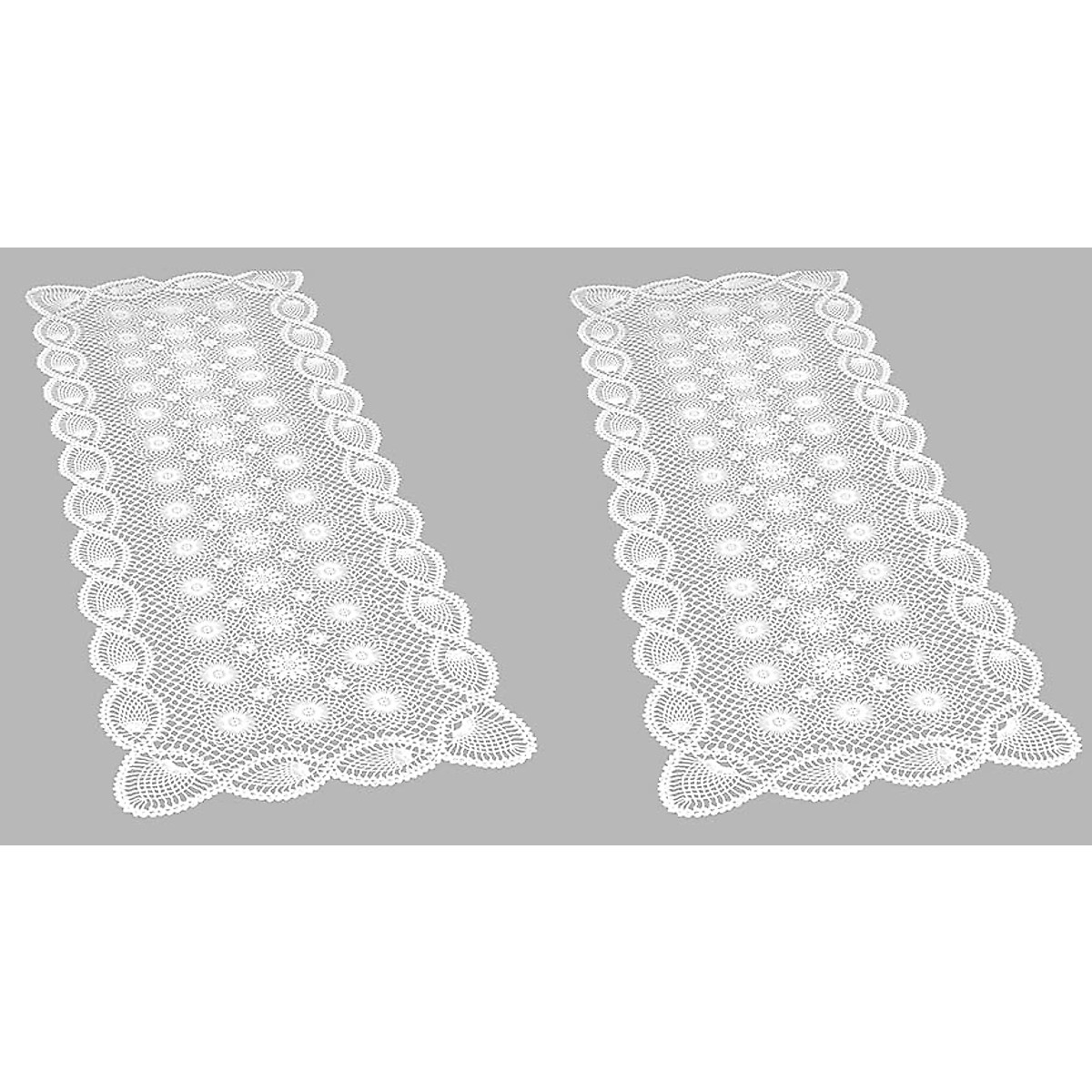 Cut to Size Vinyl Lace, Cabinet Shelf or Pantry Liner, Table Runner, Dresser or Night Stand Scarf. Crochet, Scallop Trim, Easy Clean, Stain Resistant, Measures 14x43 Inches, White, Set of 2