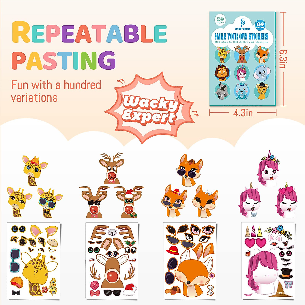 sinceroduct Make a Face Stickers for Kids, 60 Sheets Woodland Teaching Stickers, Make Your Own Stickers, Party Favor Stickers with 20 Animal Designs, Unique Stickers, Perfect as Reward&Gift for Kids