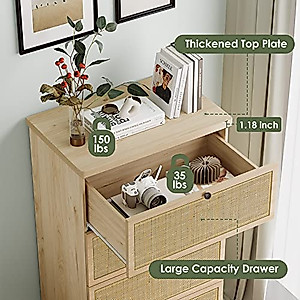 Modern Rattan 4 Drawer Dresser for Bedroom, Industrial Wood Tall Chest of Dressers with Handmade Natural Rattan Drawers, Storage Tower with Sturdy Steel Legs for Closet Living Room