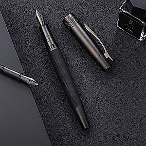 6013 Pure Black Solid Metal Fountain Pen Extra Fine Nib, Senior General Ink Converter Pen Metal Box by Hongdian