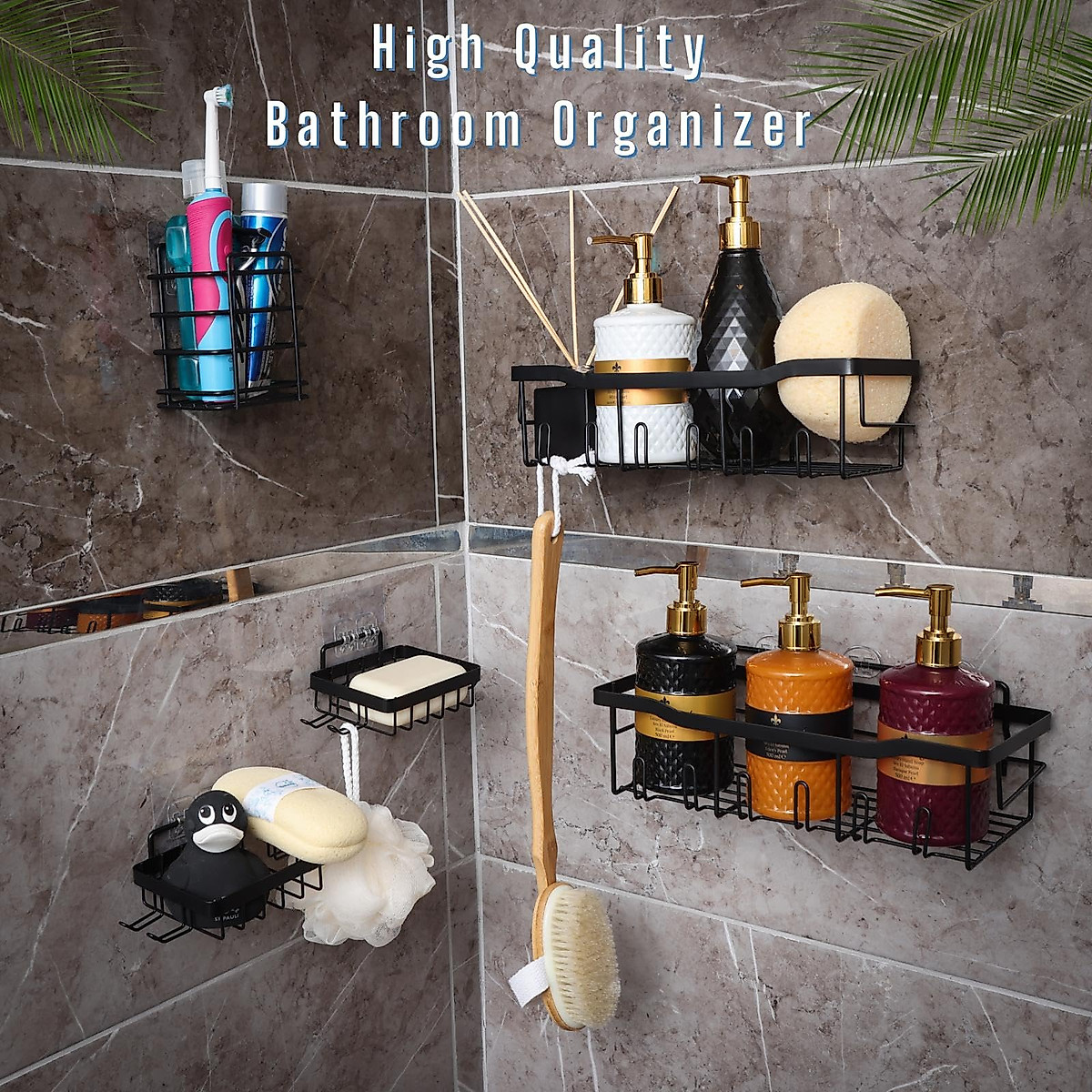 Shower Caddy Bathroom Organizers and Storage, Tile Shower Organizer 5 Pack Bathroom Set | No Drilling Bathroom Shelves | Shower Storage Organizer Stainless Steel With Large Capacity (Set of 5), Black