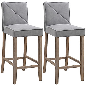 HOMCOM Modern Bar Stools Set of 2, Upholstered Bar Height Kitchen Stools with Build-in Footrest, Solid Wood Legs, Gray