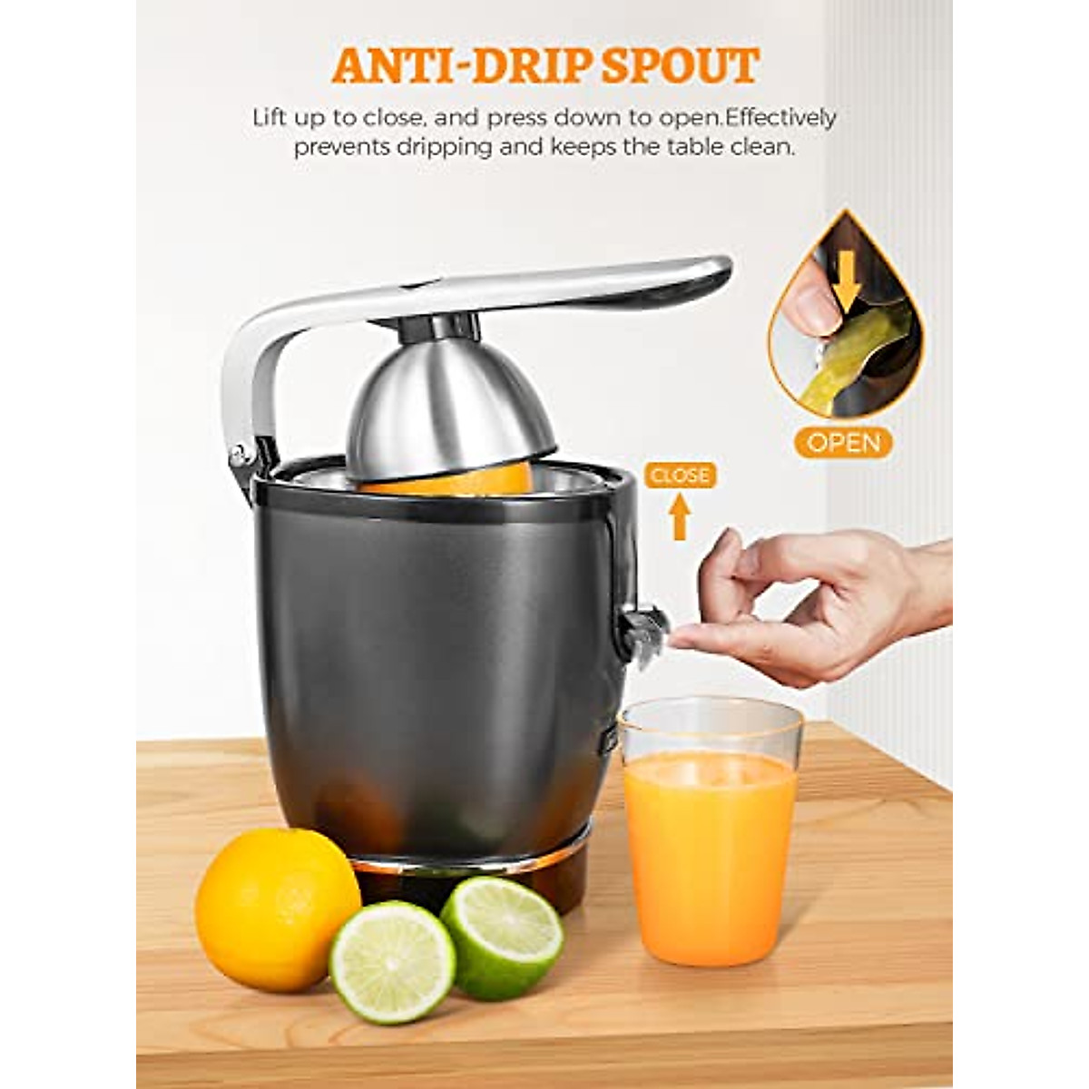 OSTBA Citrus Juicer Electric, Orange Juicer with Two Cones, Lemon Lime Grapefruit Orange Juice Squeezer, Anti-drip Spout, Stainless Steel Handle, Easy to Clean and Use