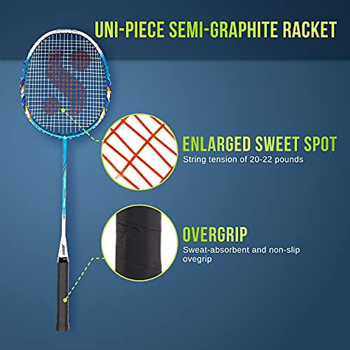 Silver’s 4 Player Uni-Piece Semi-Graphite Badminton Racket Set | Includes 4 Rackets, 2 Badminton Bags, 6 Nylon Shuttlecocks and 2 Extra Replacement Overgrip Tapes.
