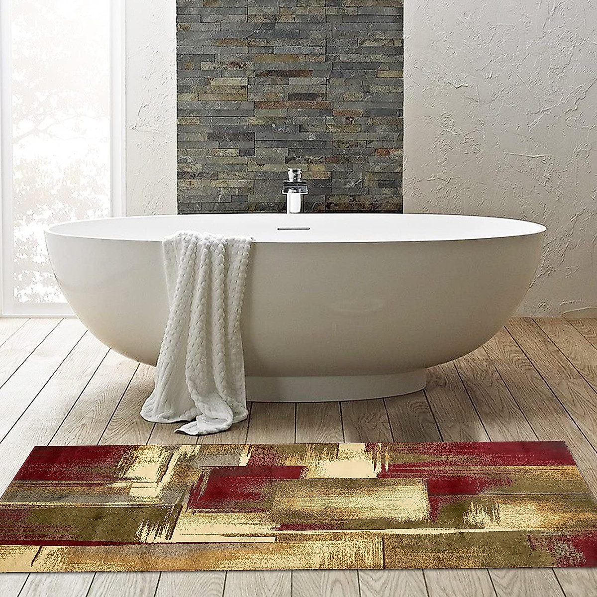 GUBIYU Bohemian Rug Runner Rockwood Modern Geometric Patchwork Polypropylene Indoor Area Rug with Rubber Backing for Living Room Bedroom Abstract Rug in Black Blue Brown Burgundy Gray Olive 23.6x59 In